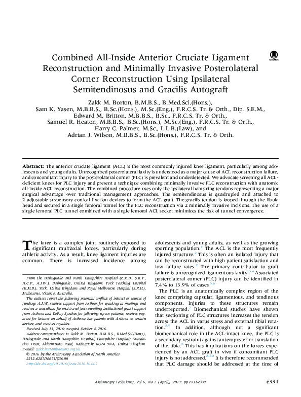 (PDF) Combined ACL and PLC Reconstruction with Hamstring Autograft