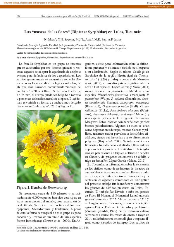 (PDF) Las “moscas de las flores” (Diptera: Syrphidae) en Lules, Tucumán