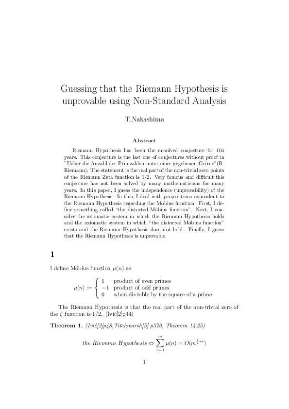 (PDF) Guessing that the Riemann Hypothesis is unprovable using Non ...