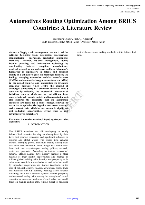(PDF) Automotives Routing Optimization Among BRICS Countries: A Literature Review
