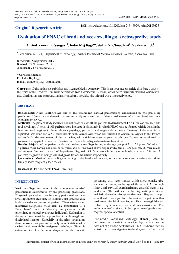 (PDF) Evaluation of FNAC of head and neck swellings: a retrospective study