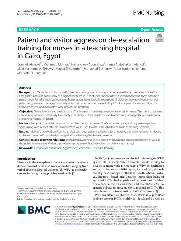 (PDF) Patient and visitor aggression de-escalation training for nurses ...