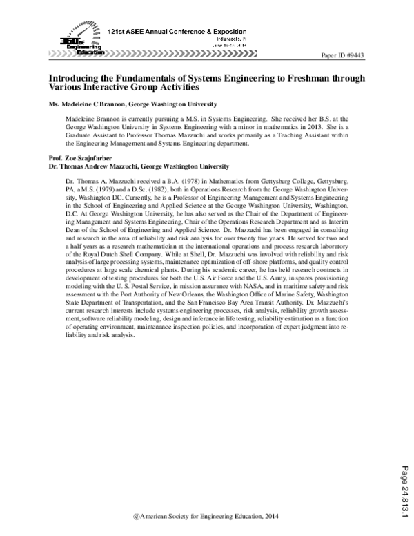 (PDF) Introducing the Fundamentals of Systems Engineering to Freshman through Various ...