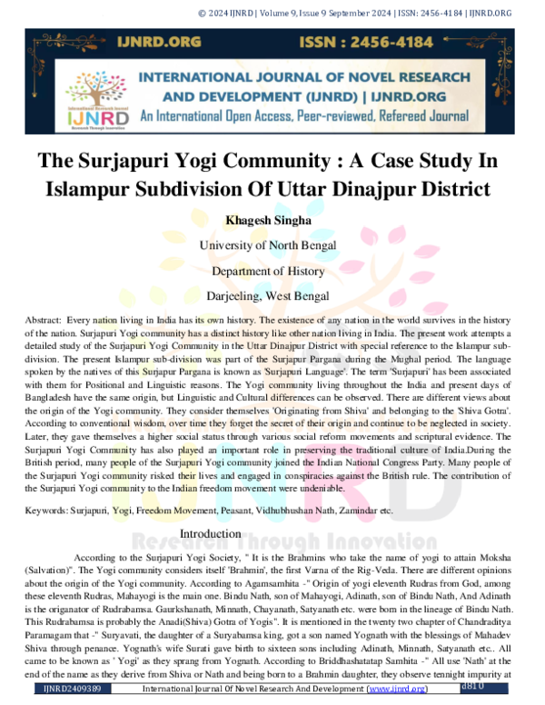 (PDF) The Surjapuri Yogi Community : A Case Study In Islampur ...