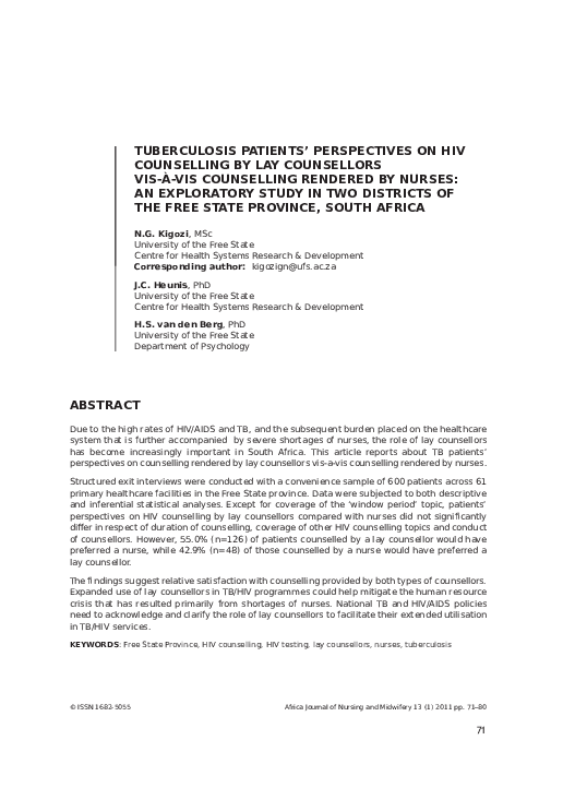 (PDF) Tuberculosis patients’ perspectives on HIV counselling by lay ...