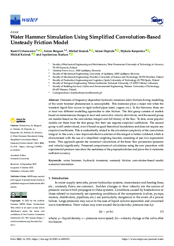 (PDF) Water Hammer Simulation Using Simplified Convolution-Based Unsteady Friction Model