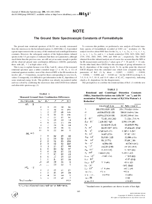 (PDF) The Ground State Spectroscopic Constants of Formaldehyde