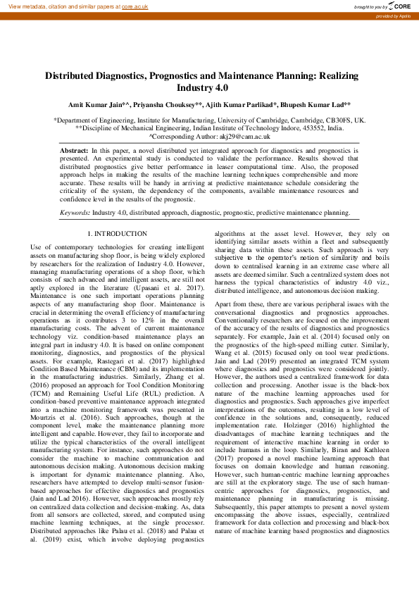 (PDF) Distributed Diagnostics, Prognostics and Maintenance Planning: Realizing Industry 4.0 ...