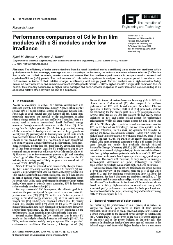 (PDF) Performance comparison of CdTe thin film modules with c‐Si ...