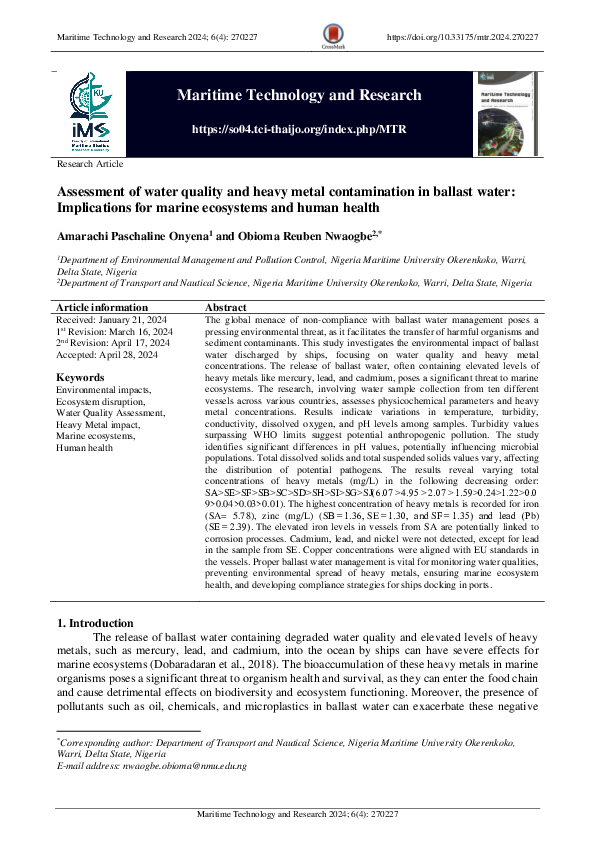 (PDF) Assessment of water quality and heavy metal contamination in ...