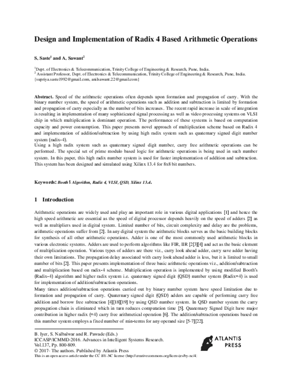 (PDF) Design and Implementation of Radix 4 Based Arithmetic Operations