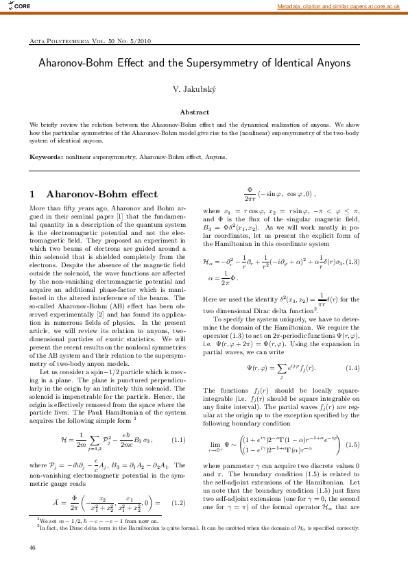 (PDF) Aharonov-Bohm Effect and the Supersymmetry of Identical Anyons | V. Jakubský - Academia.edu