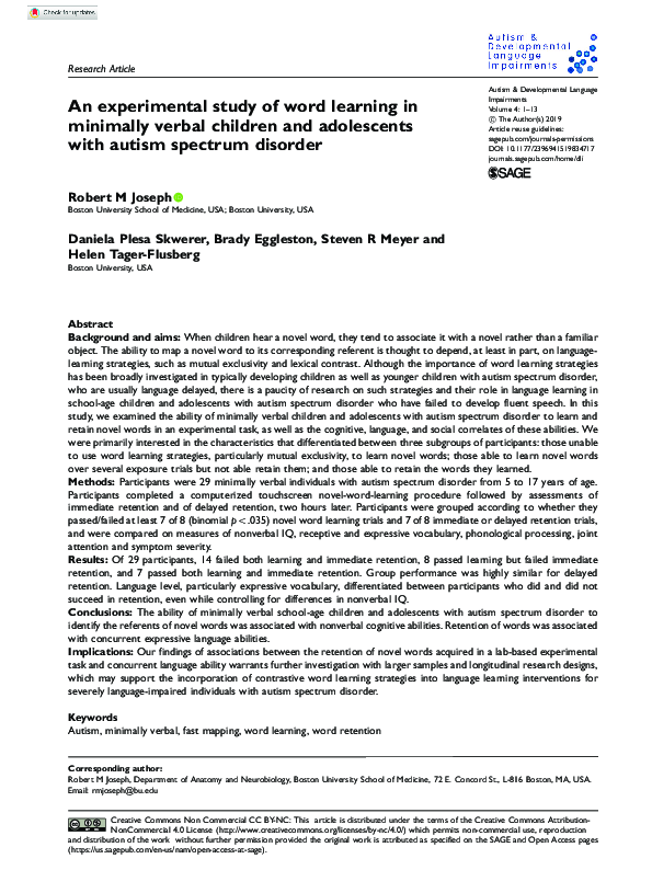 (PDF) An experimental study of word learning in minimally verbal ...