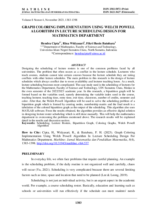 Pdf Graph Coloring Implementation Using Welch Powell Algorithm In Lecture Scheduling Design