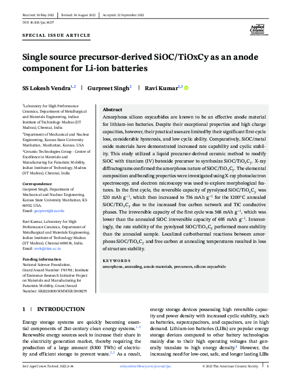 (PDF) Single source precursor-derived SiOC/TiOxCy as an anode component ...