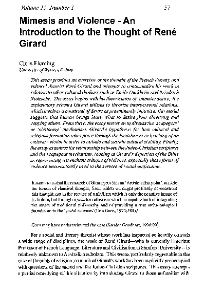 (PDF) Mimesis and Violence - An Introduction to the Thought of René Girard