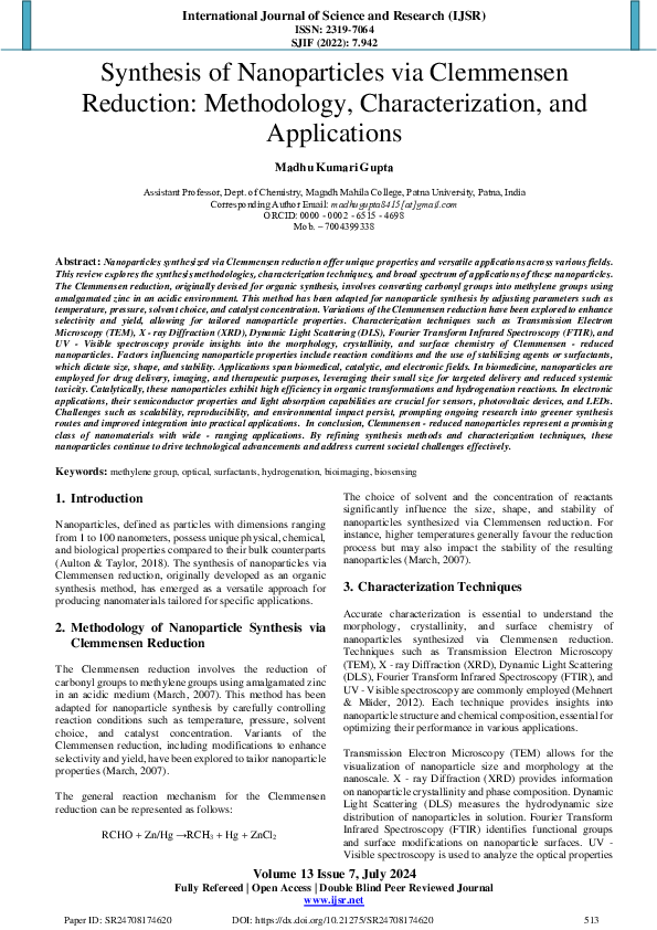 (PDF) Synthesis of Nanoparticles via Clemmensen Reduction: Methodology ...