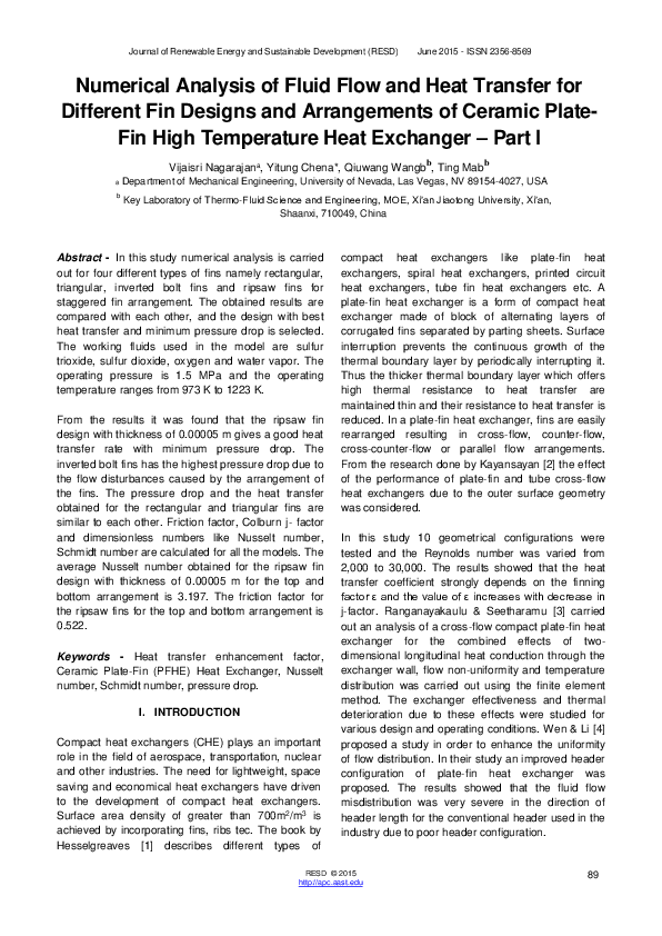 (PDF) Numerical Analysis of Fluid Flow and Heat Transfer for Different ...