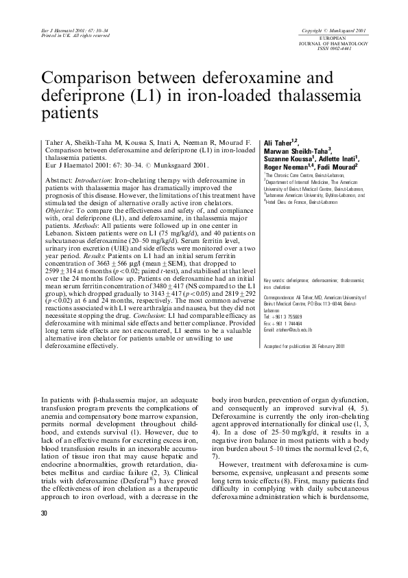 (PDF) Comparison between deferoxamine and deferiprone (L1) in iron ...
