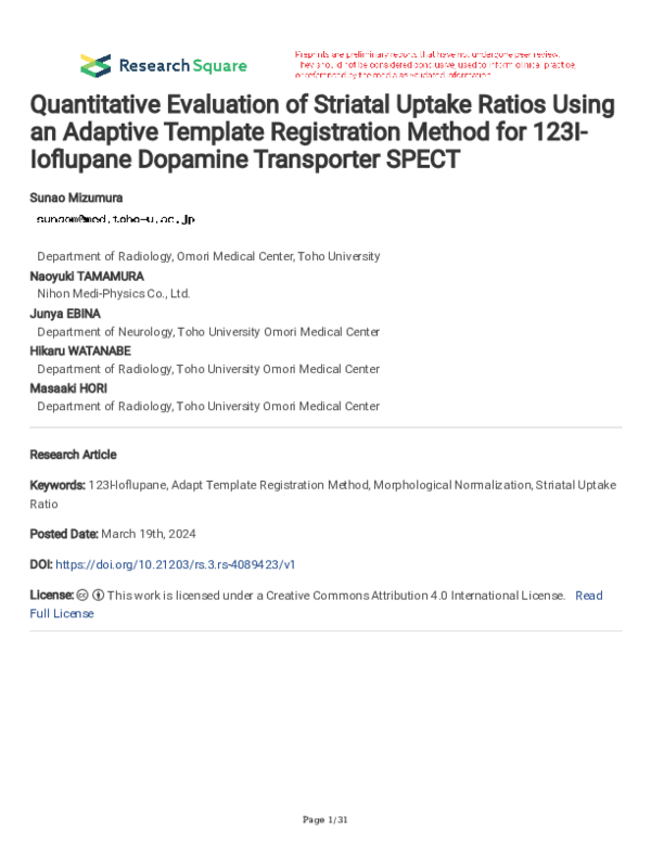 (PDF) Quantitative Evaluation of Striatal Uptake Ratios Using an Adaptive Template Registration ...