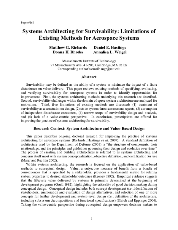 (PDF) Systems Architecting for Survivability: Limitations of Existing ...