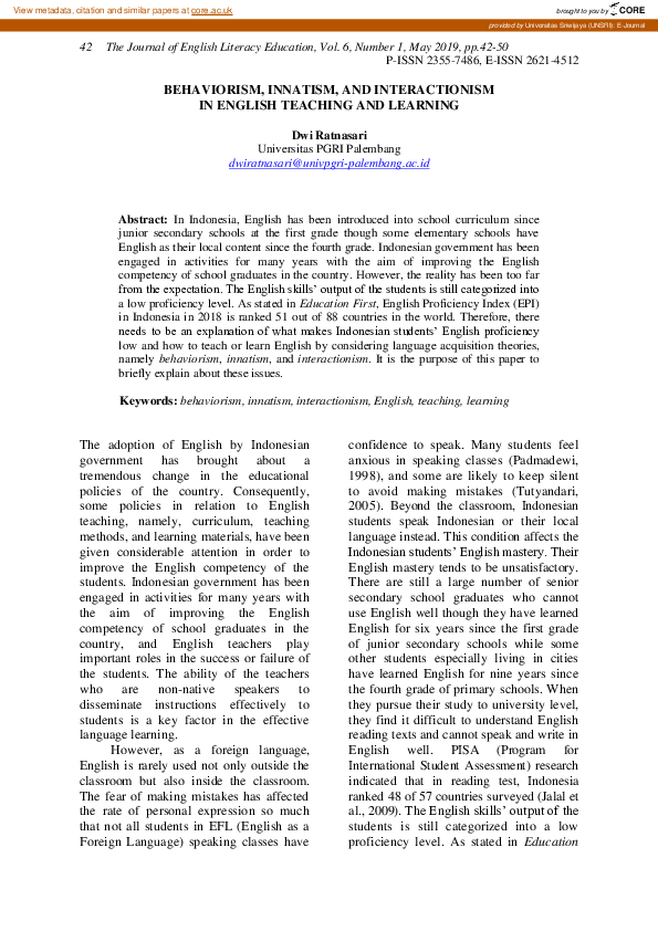 (PDF) Behaviorism, Innatism, and Interactionism in English Teaching and ...