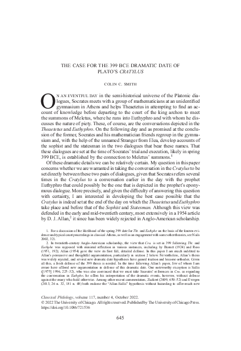 (PDF) The Case for the 399 BCE Dramatic Date of Plato's 'Cratylus'