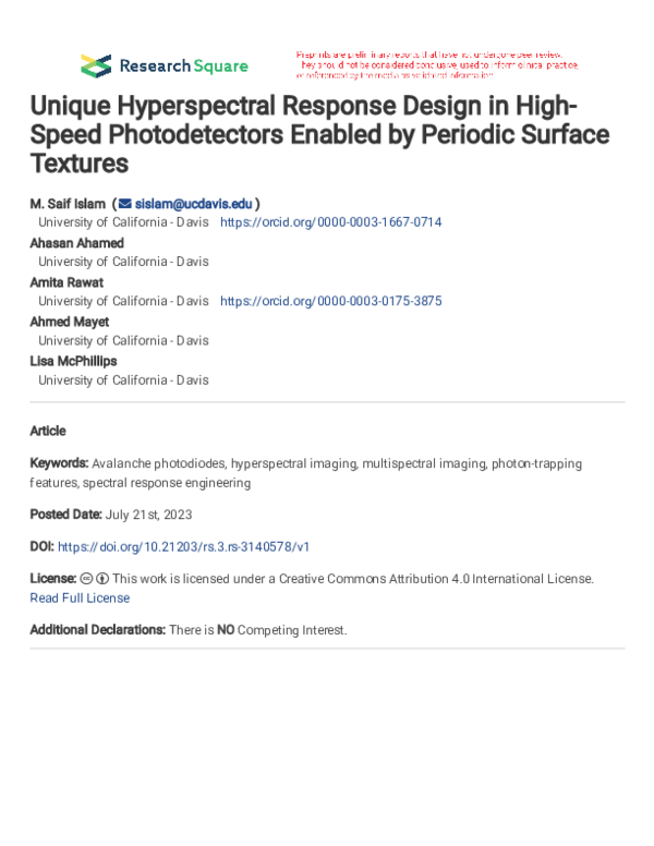 (PDF) Unique Hyperspectral Response Design in High-Speed Photodetectors Enabled by Periodic ...