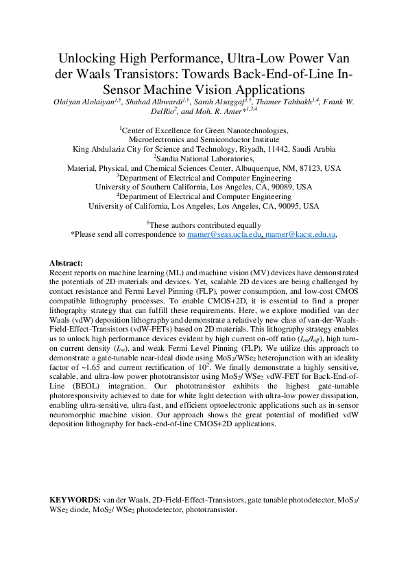 (PDF) Unlocking High Performance, Ultra-Low Power Van der Waals Transistors: Towards Back-End-of ...