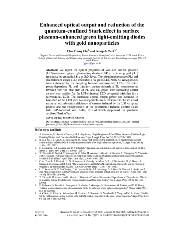 (PDF) Enhanced optical output and reduction of the quantum-confined Stark effect in surface ...