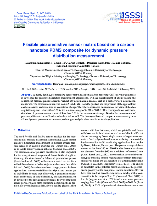 Pdf Flexible Piezoresistive Sensor Matrix Based On A Carbon Nanotube Pdms Composite For
