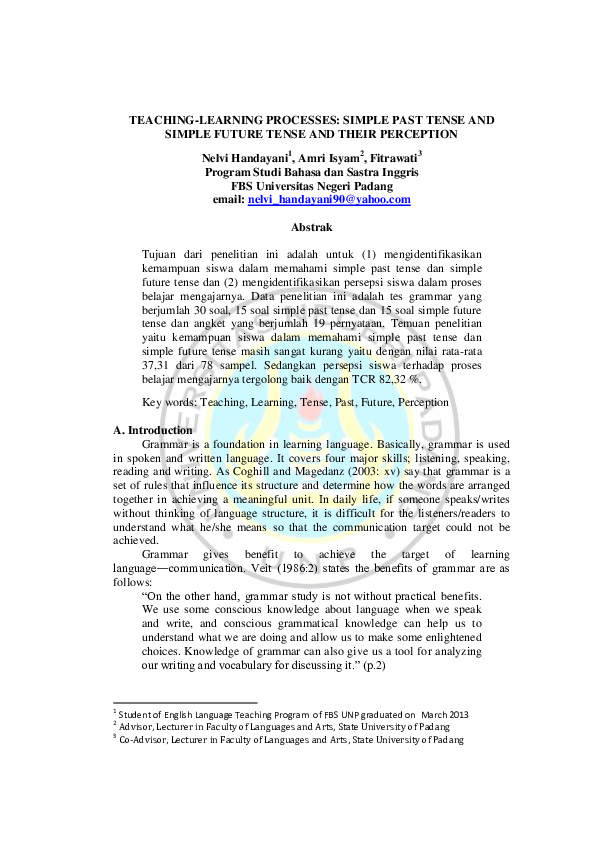 (PDF) Teaching-Learning Processes: Simple Past Tense and Simple Future Tense and Their Perception