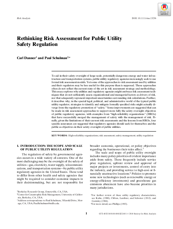 (PDF) Rethinking Risk Assessment for Public Utility Safety Regulation