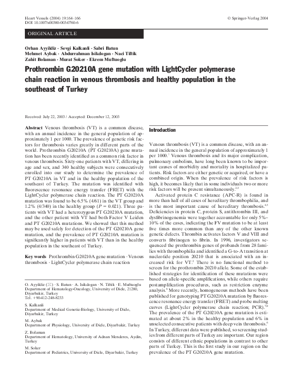 (PDF) Prothrombin G20210A gene mutation with LightCycler polymerase ...
