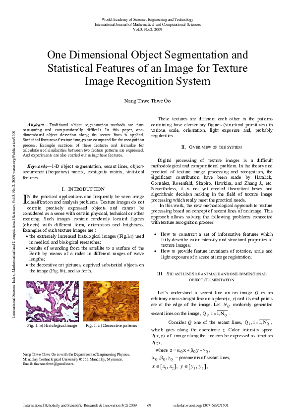 (PDF) One Dimensional Object Segmentation And Statistical Features Of An Image For Texture Image ...