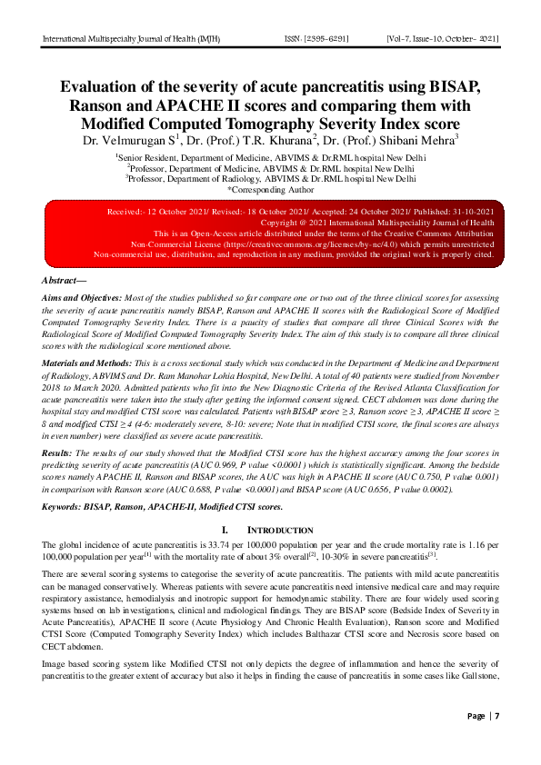 (PDF) Evaluation of the severity of acute pancreatitis using BISAP ...