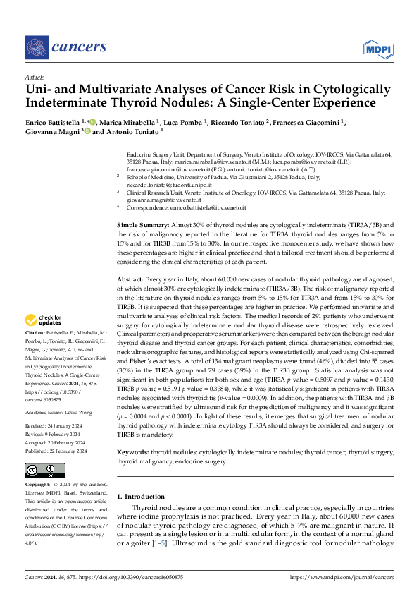 Pdf Uni And Multivariate Analyses Of Cancer Risk In Cytologically