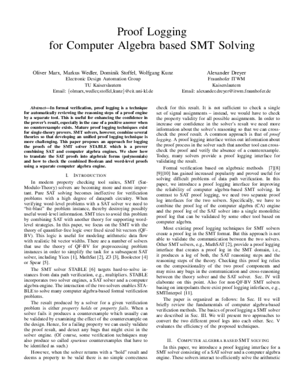 (PDF) Proof logging for computer algebra based SMT solving | Markus Wedler - Academia.edu