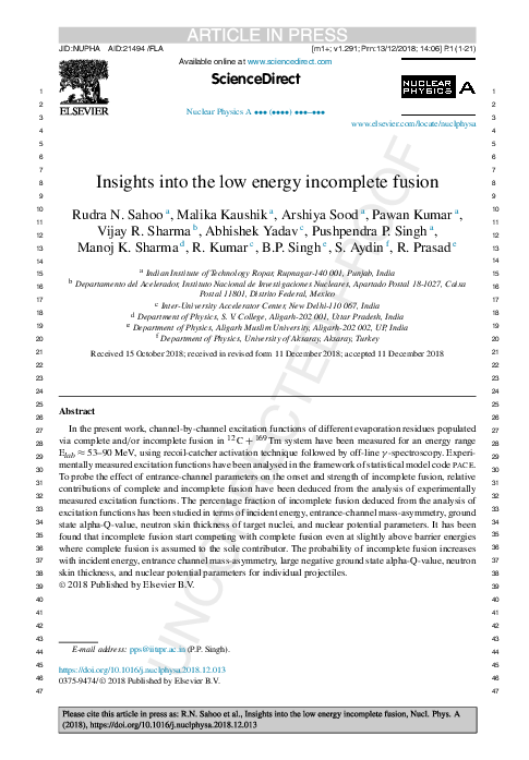 (PDF) Insights into the low energy incomplete fusion