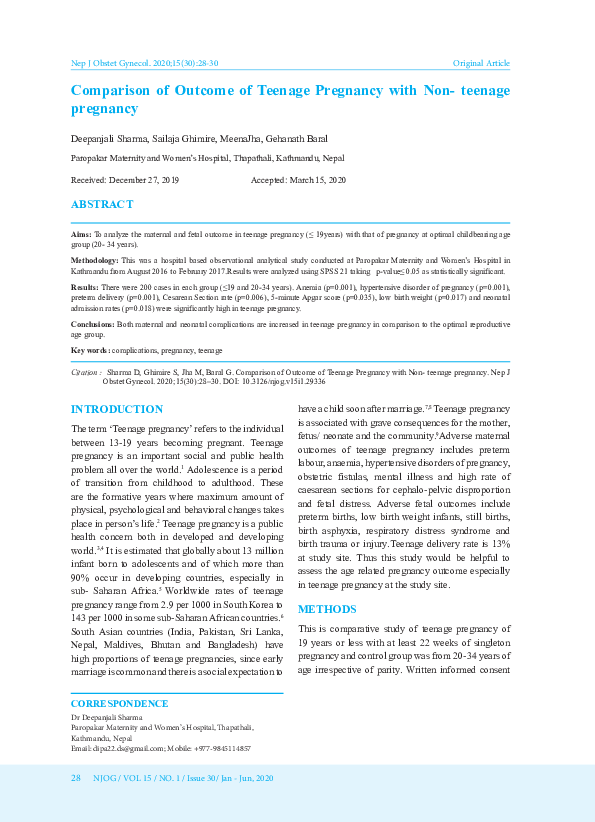 (PDF) Comparison of Outcome of Teenage Pregnancy with Non- teenage ...