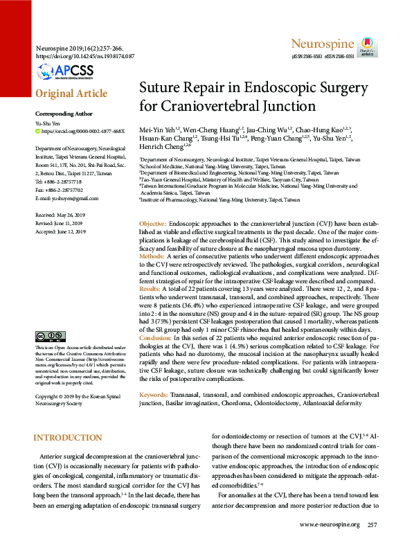 (PDF) Suture Repair in Endoscopic Surgery for Craniovertebral Junction