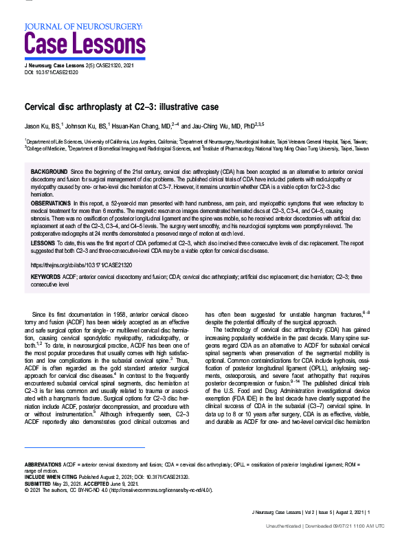 (PDF) Cervical disc arthroplasty at C2–3: illustrative case