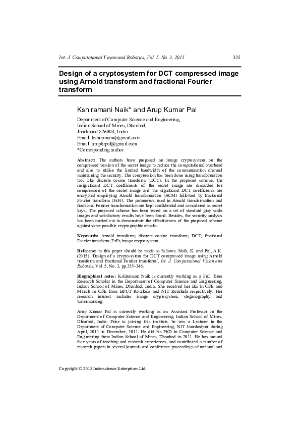 (PDF) Design of a cryptosystem for DCT compressed image using Arnold transform and fractional ...