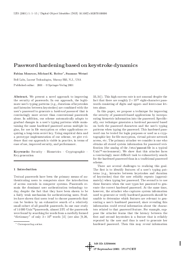 (PDF) Password hardening based on keystroke dynamics