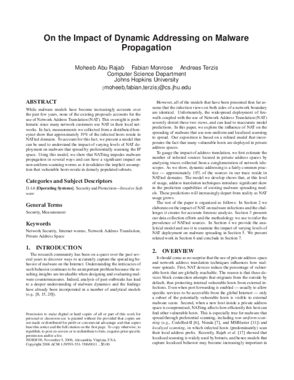 (PDF) On the impact of dynamic addressing on malware propagation
