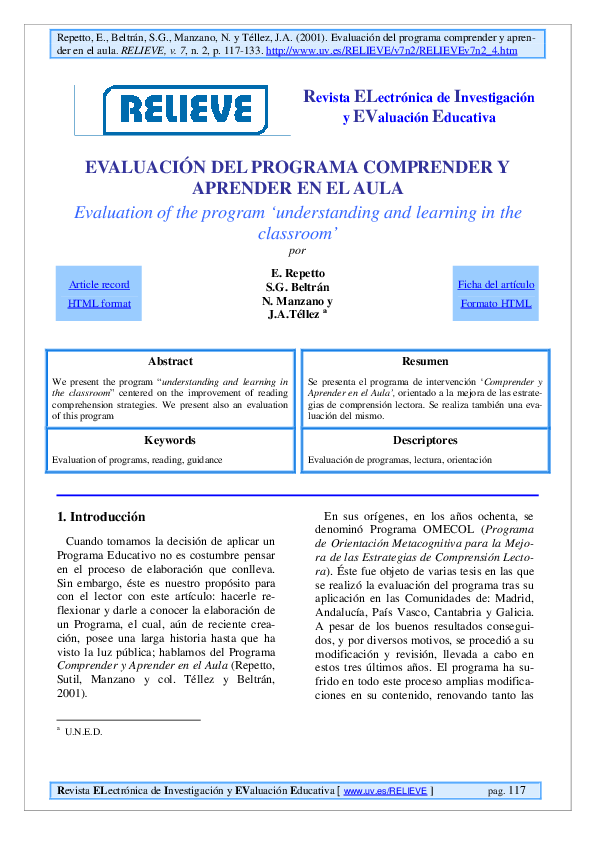 (PDF) Evaluación del programa "Comprender y aprender en el aula | JOSE MARTIN TELLEZ - Academia.edu
