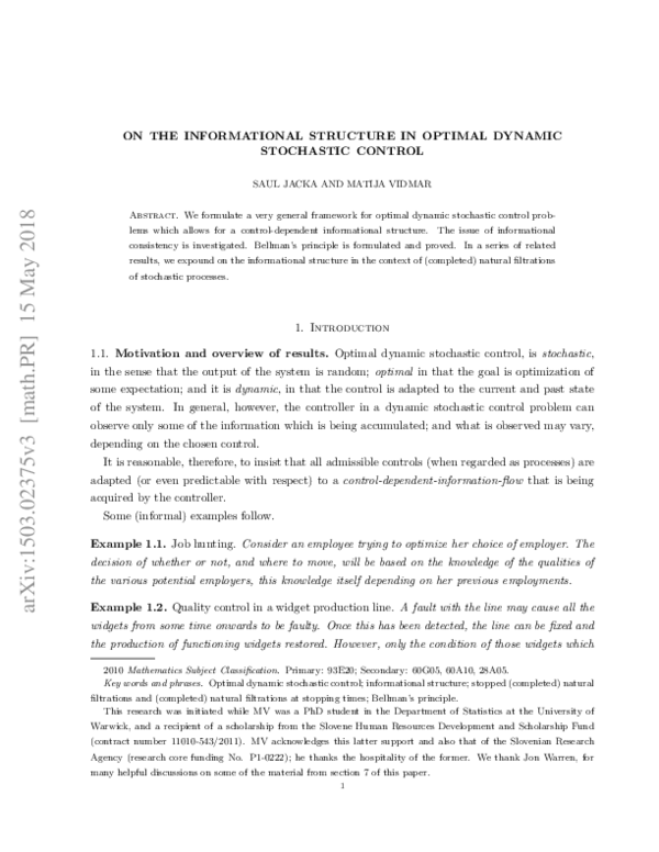 Pdf On The Informational Structure In Optimal Dynamic Stochastic Control Saul Jacka