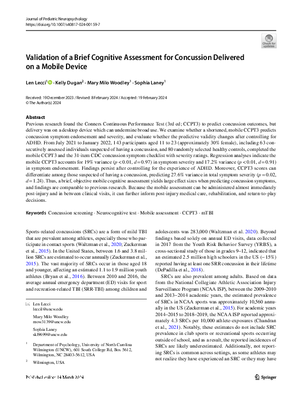 (PDF) Validation of a Brief Cognitive Assessment for Concussion ...