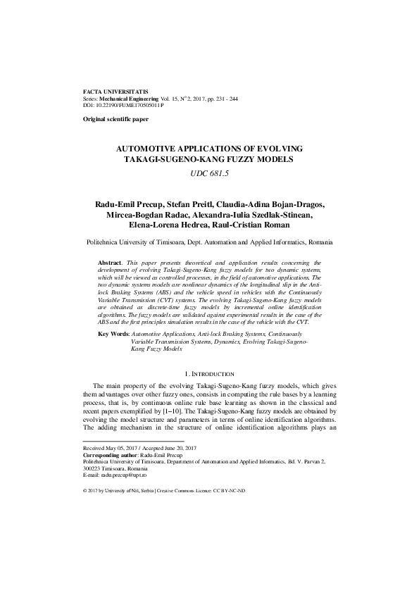 Pdf Automotive Applications Of Evolving Takagi Sugeno Kang Fuzzy Models
