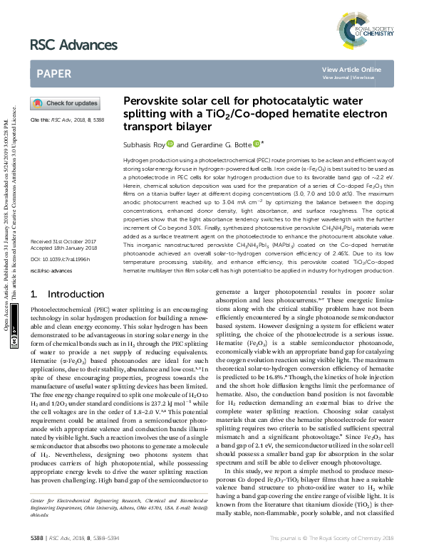 (PDF) Perovskite solar cell for photocatalytic water splitting with a ...